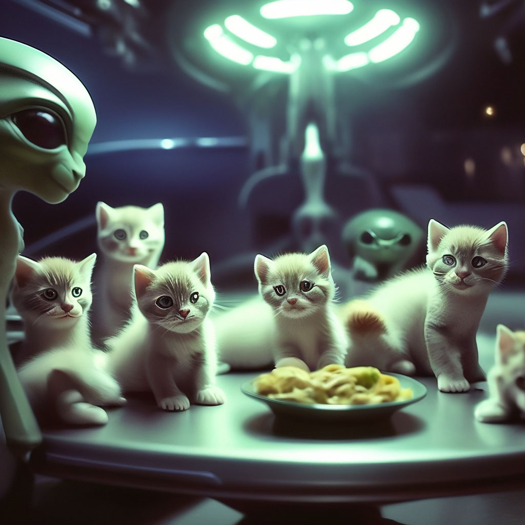 "Aliens have stolen a litter of kittens for dinner" — image created in ...