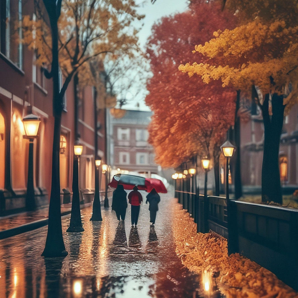 "Autumn. Leaf fall. A gloomy rainy city. People walk along the paths ...