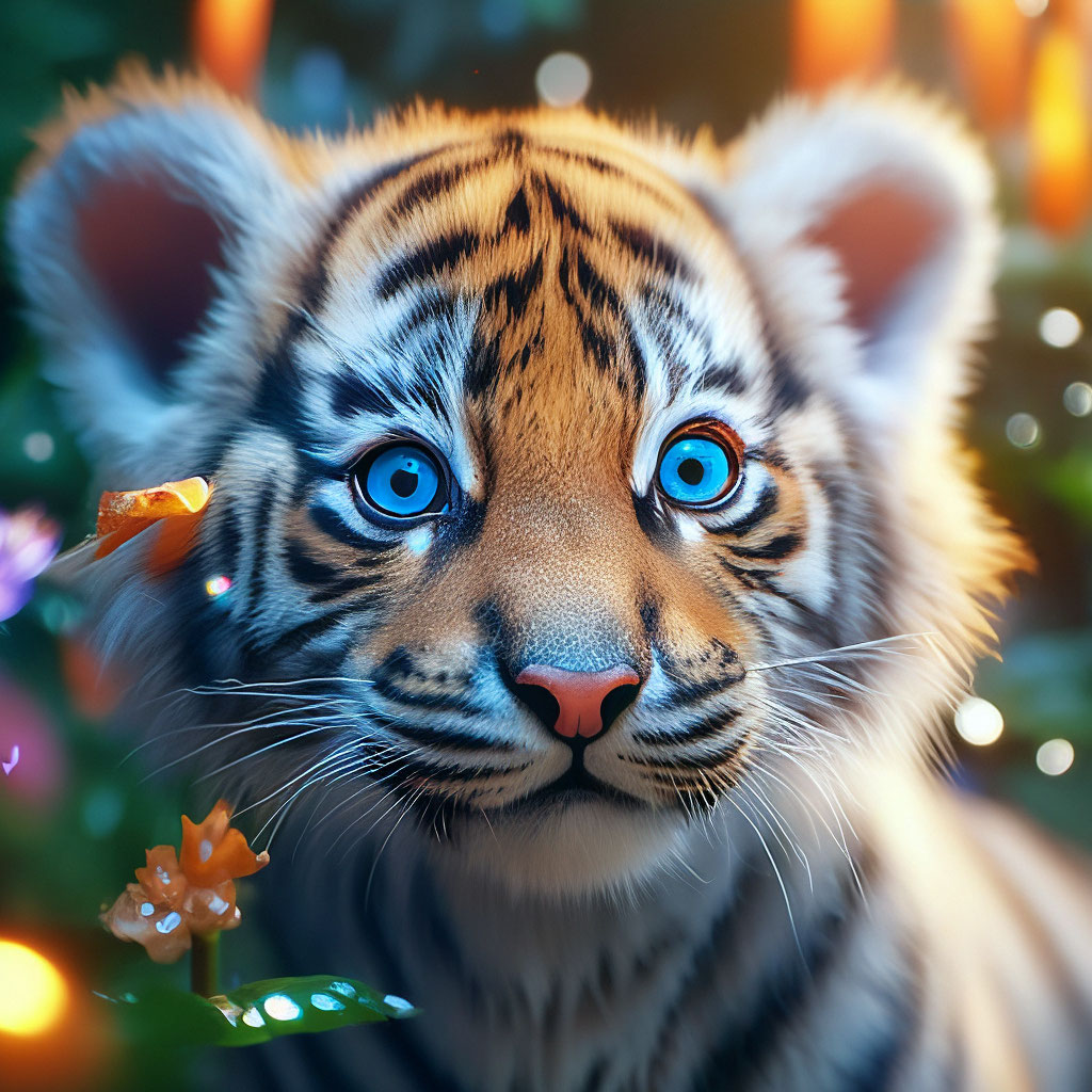"Hyperrealistic little tiger, bright colors, orange flicker ...