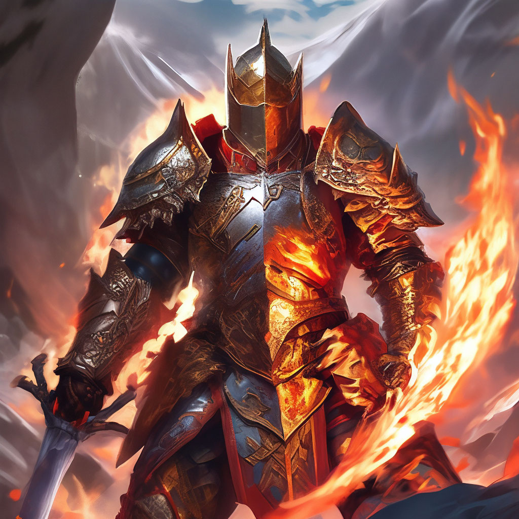 "A warrior in flaming armor" — image created in Shedevrum