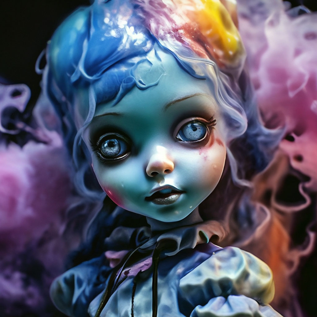 " hypermegarealism, fairy-tale horror watercolor, zombie doll girl ...