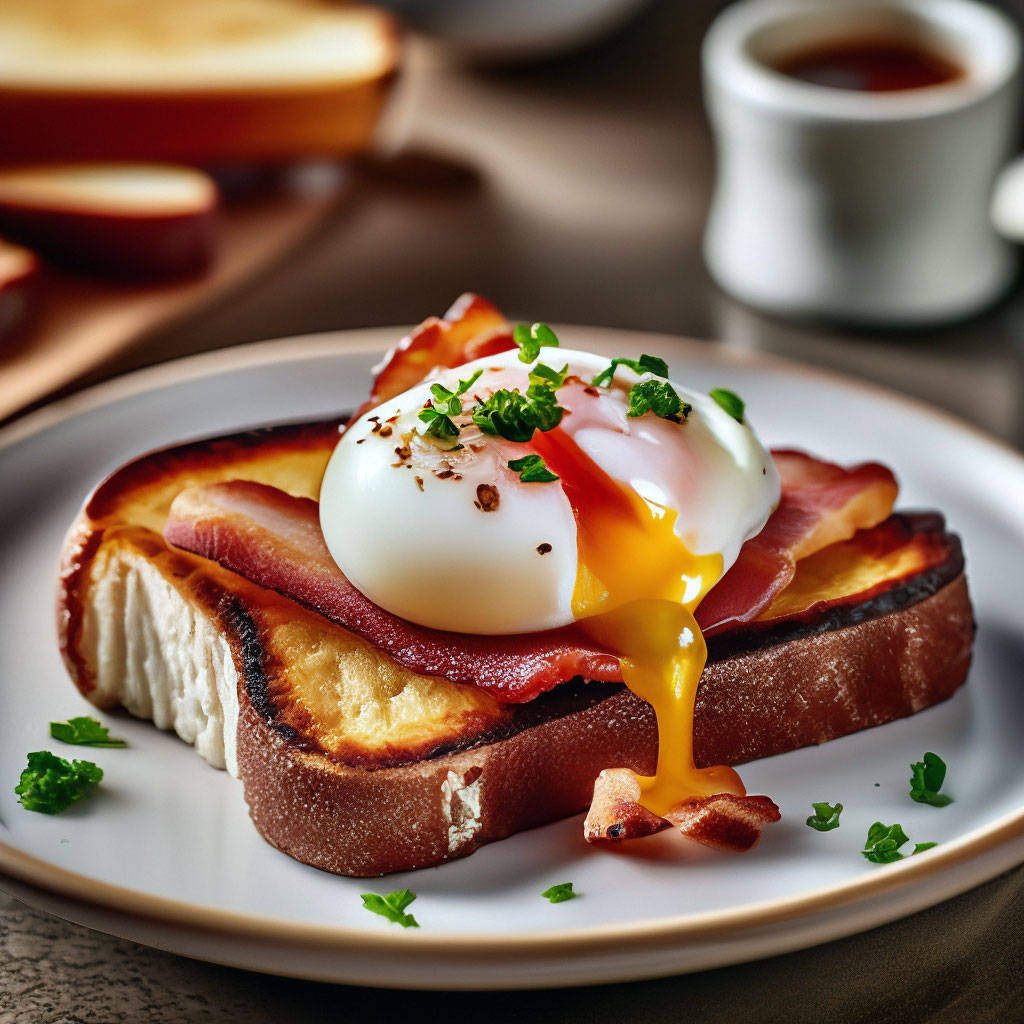 "Poached egg with a slice of bacon and toast. Close-up." — image ...