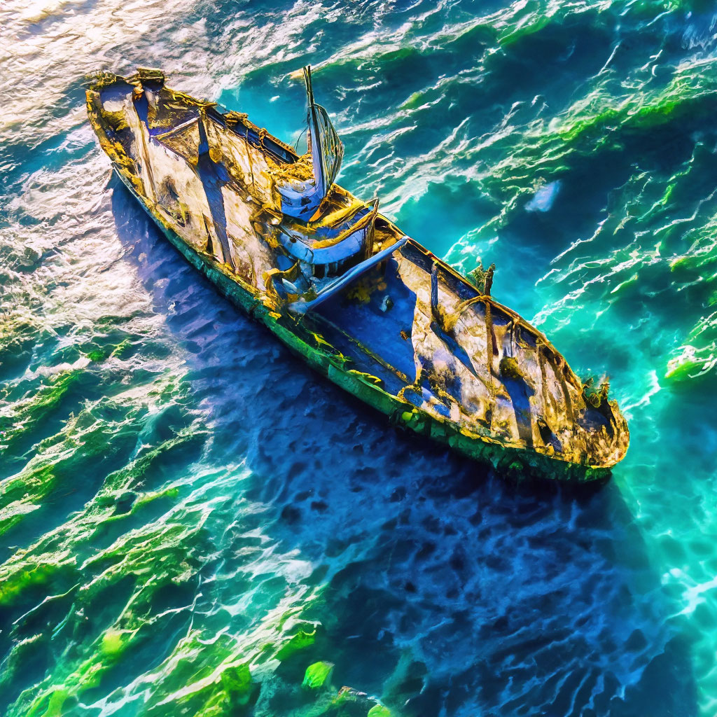 "A stunningly fascinating view from above of a sunken ship,it lies on ...