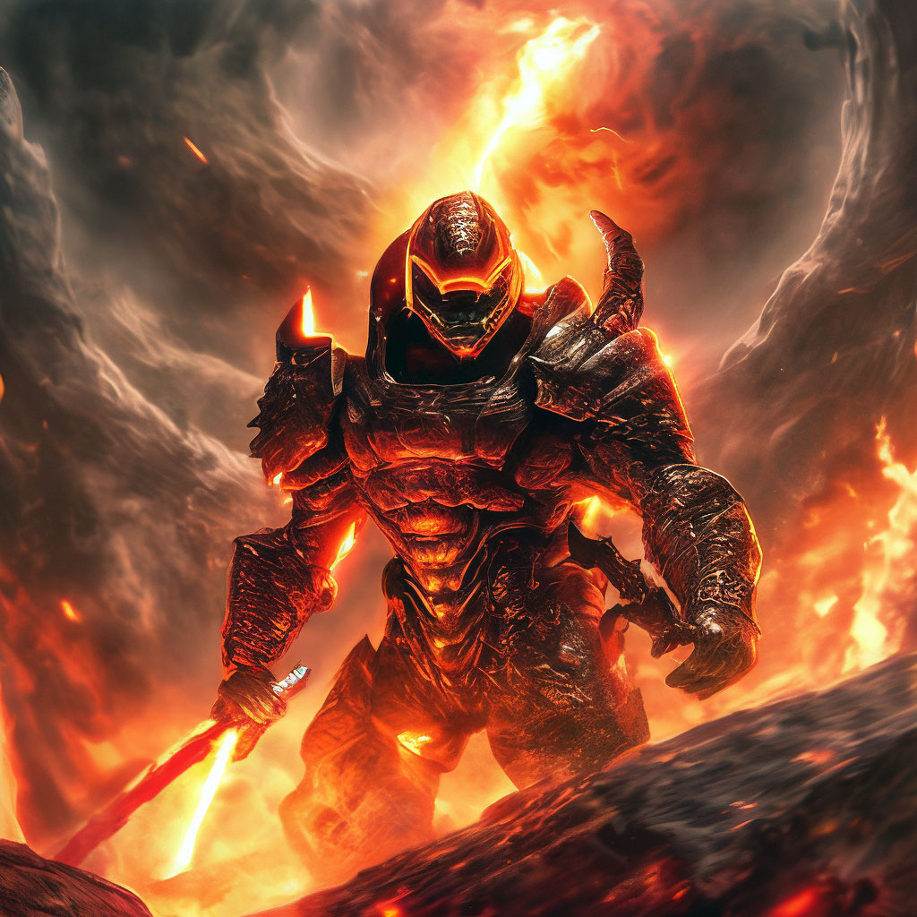 "Doom slayer, hell, epic, fire" — image created in Shedevrum