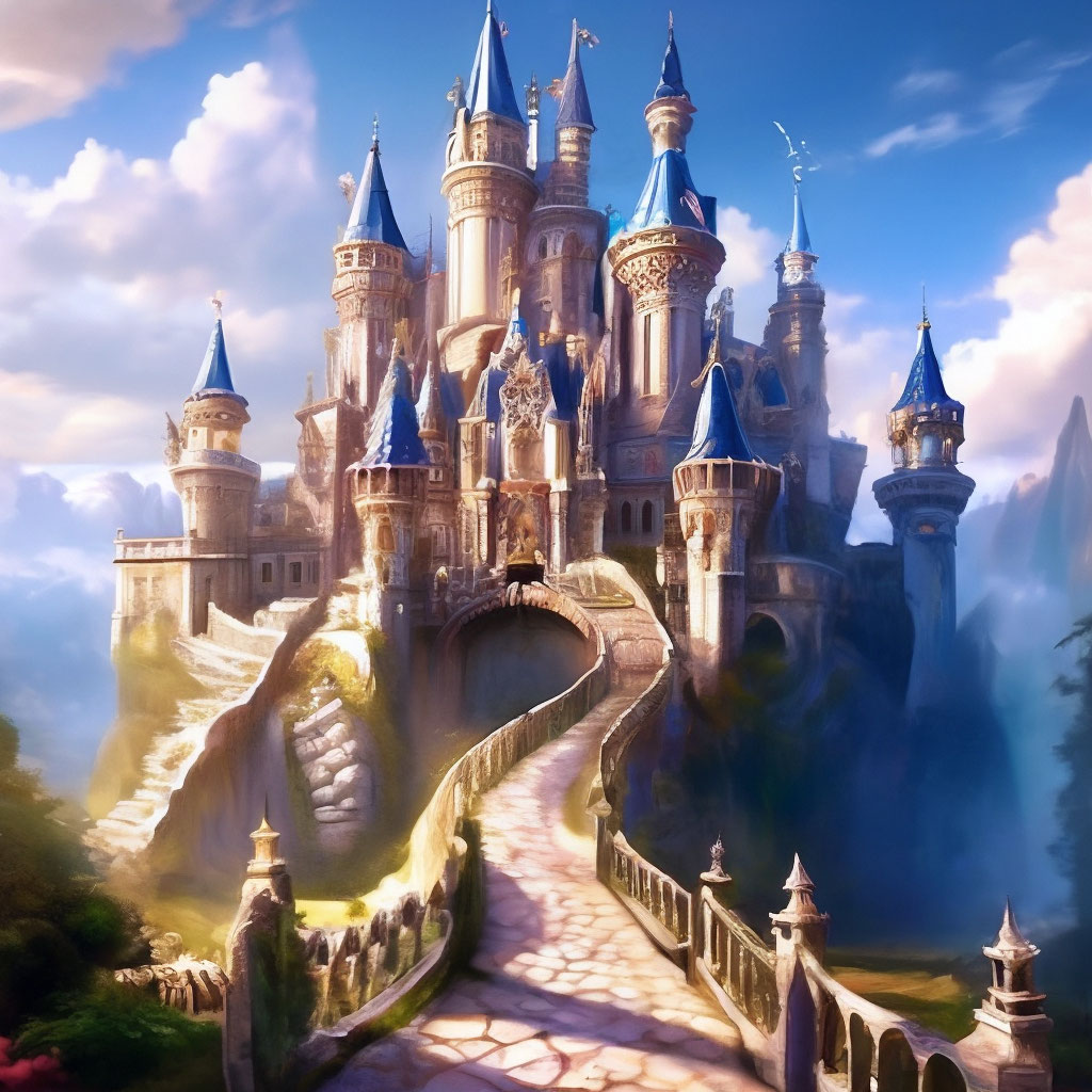 "A filigree carved fairy tale castle with high towers, a beautiful road ...