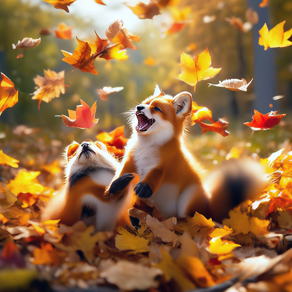 "Cute little foxes and squirrels are tumbling in a pile of fallen ...