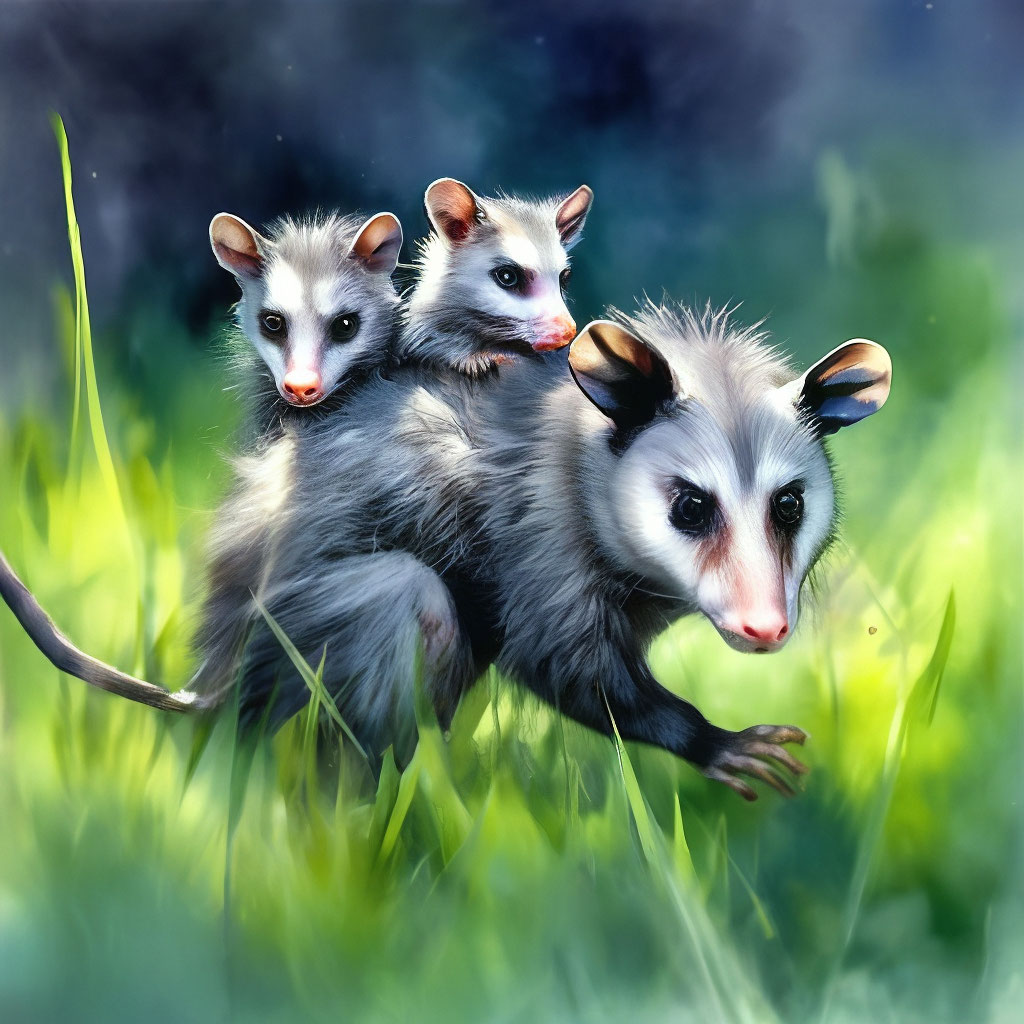 "Possum a gray possum walks in dark green grass, cubs are sitting on ...