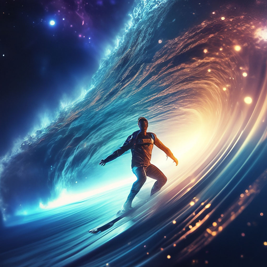"Space surfer inside the luminescent galactic wave+magic dust, glow ...