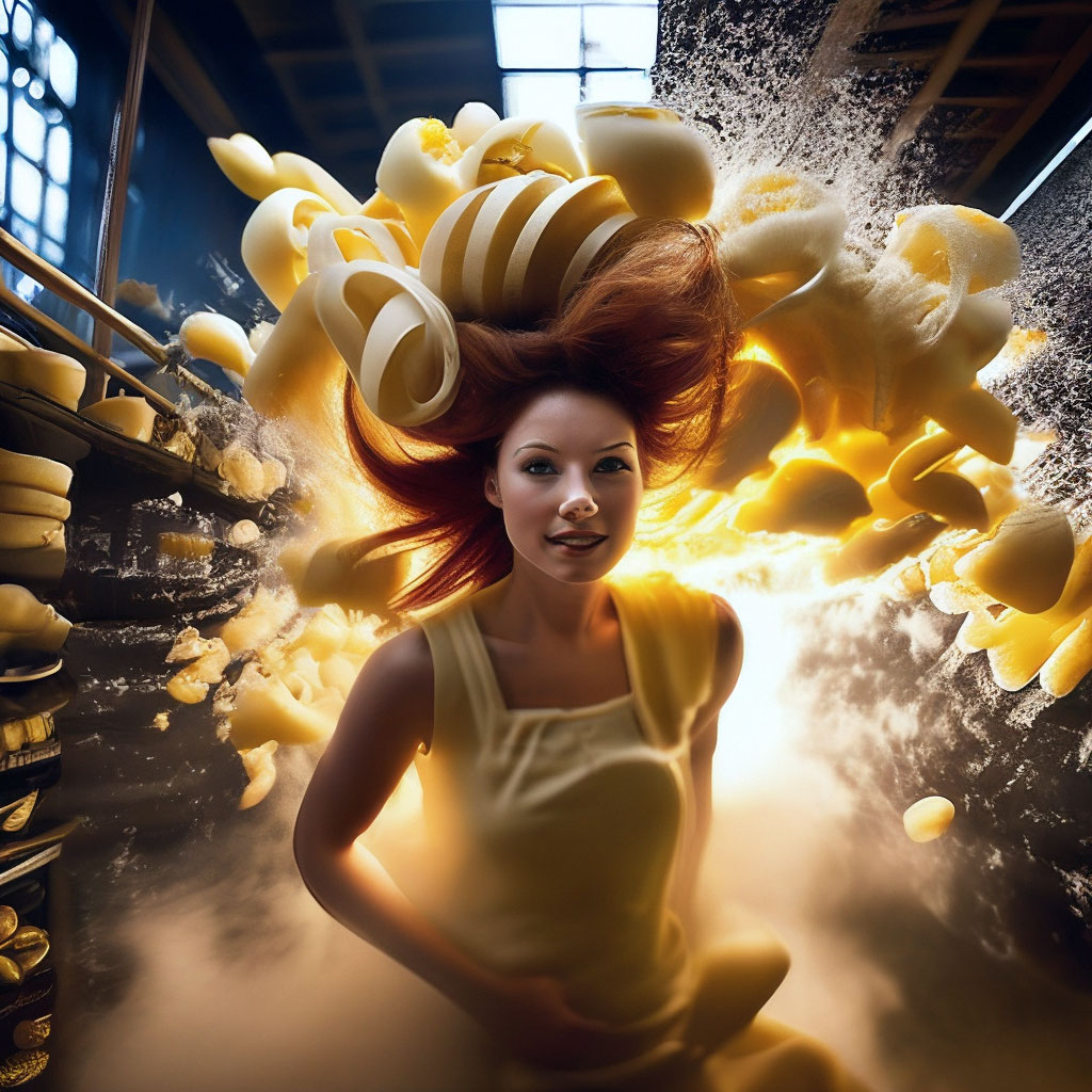 "Hairstyle explosion at the pasta factory" — image created in Shedevrum