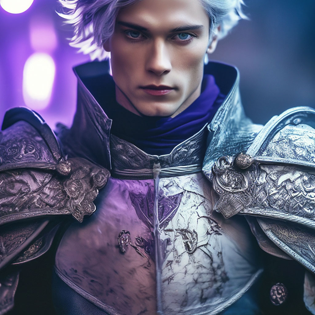 "Prince, with gray hair, with purple eyes, in armor, aesthetically ...