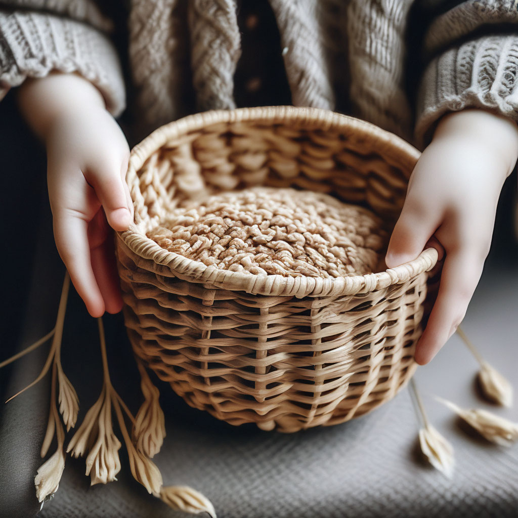 "Basket in the technique of weaving from a paper vines. The kid runs ...