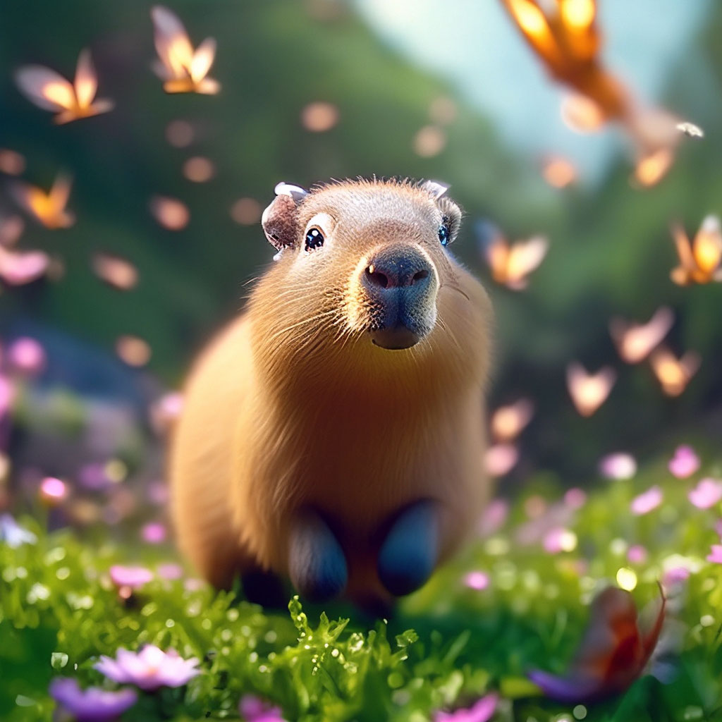 "Cute cute little capybara, standing on the grass, in a tornado of ...