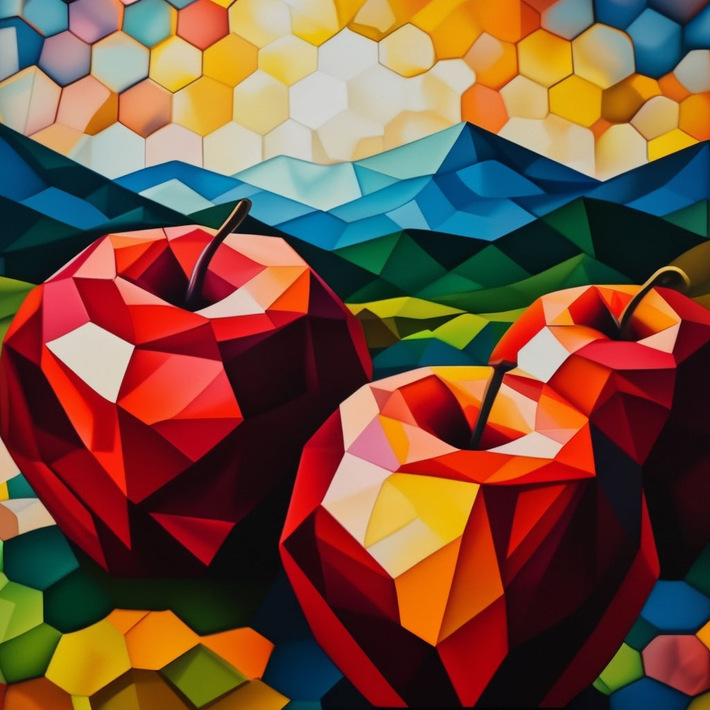 "Landscape with apples, hexagonal cells, cubism, abstraction, colored ...