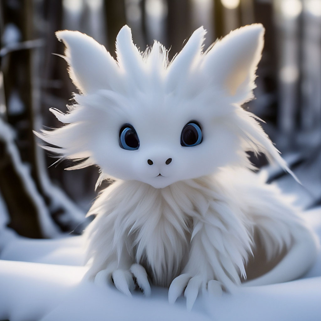 "Very cute, shaggy dragon of snow-white color with big ears winter ...