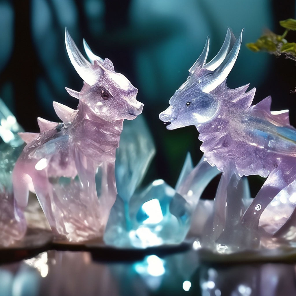 "Crystal creatures in a secret clearing" — image created in Shedevrum