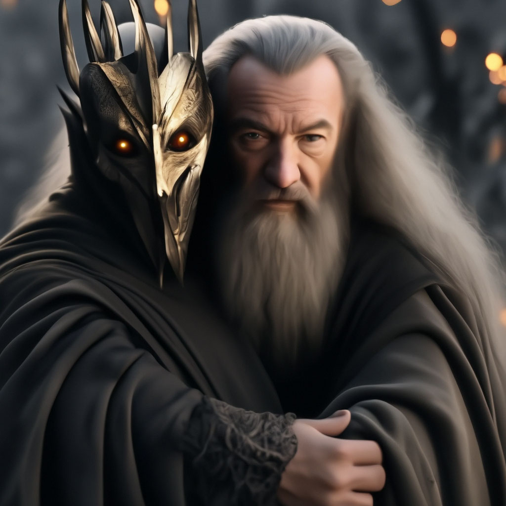 "Gandalf hugs Sauron" — image created in Shedevrum