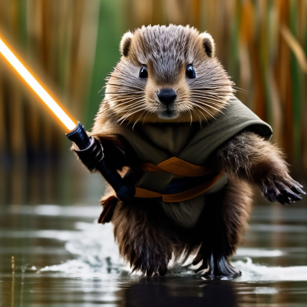 "Beaver warrior jedi runs through the reeds,bright colors,high ...