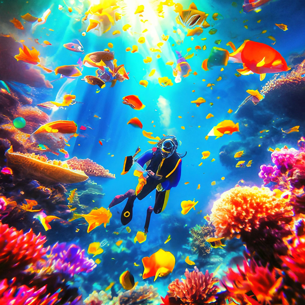 "Underwater fairy tale, scuba divers in the Red Sea, bright sunlight ...