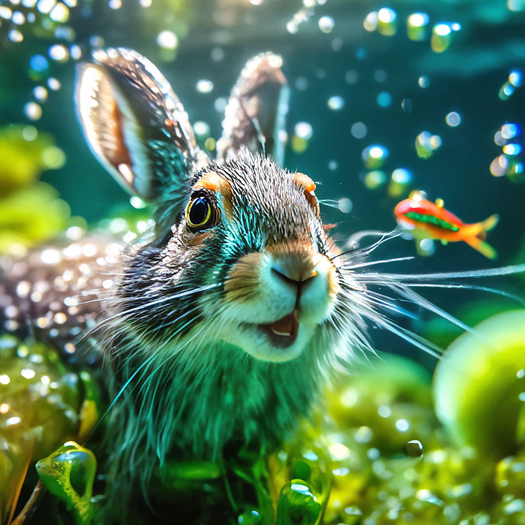 "Underwater, a beautiful water hare with long emerald hair, expressive ...
