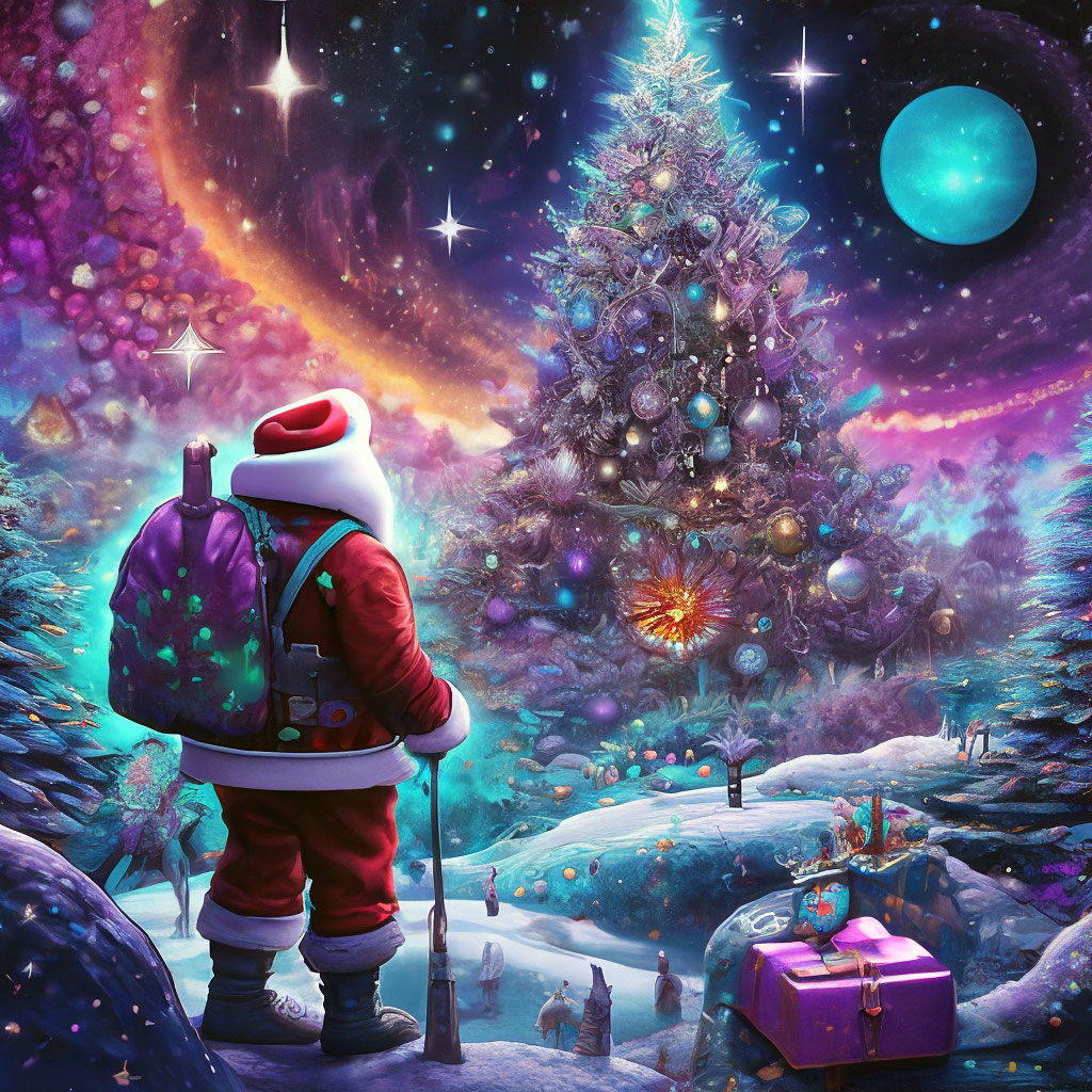 "Cosmogonic landscape, surrealism, Christmas tree, Santa Claus comes ...