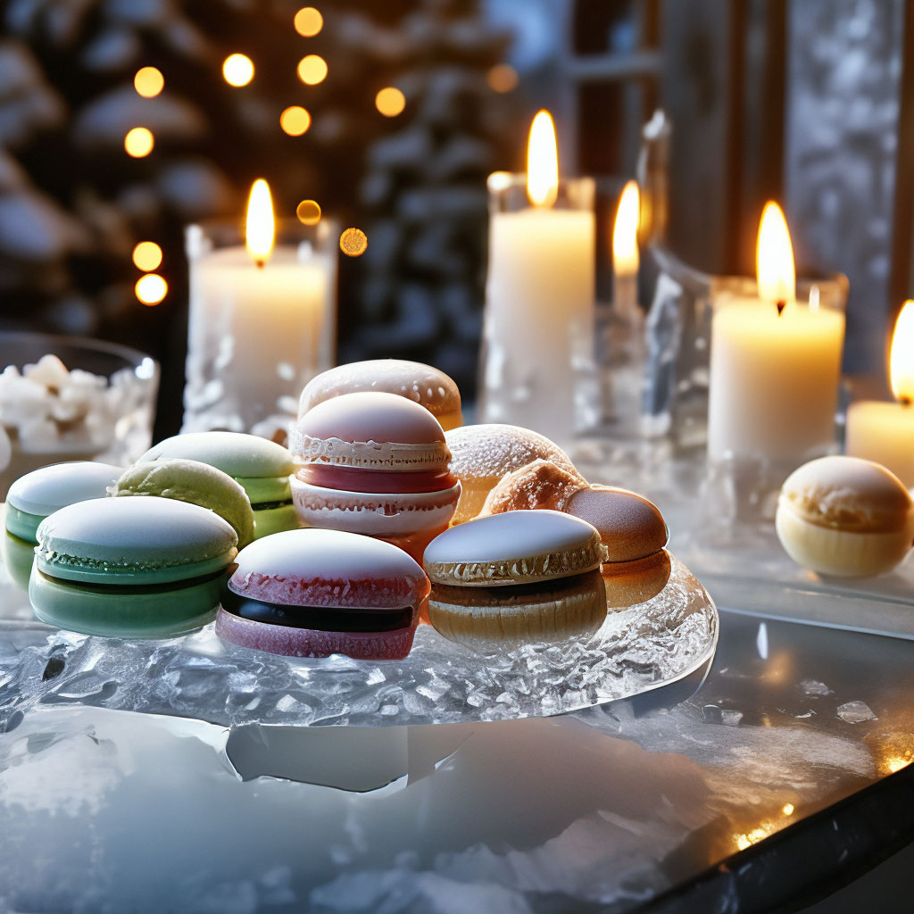 "Assorted macaroons on an ice plate, Bohemian glass, close-up, snow ...