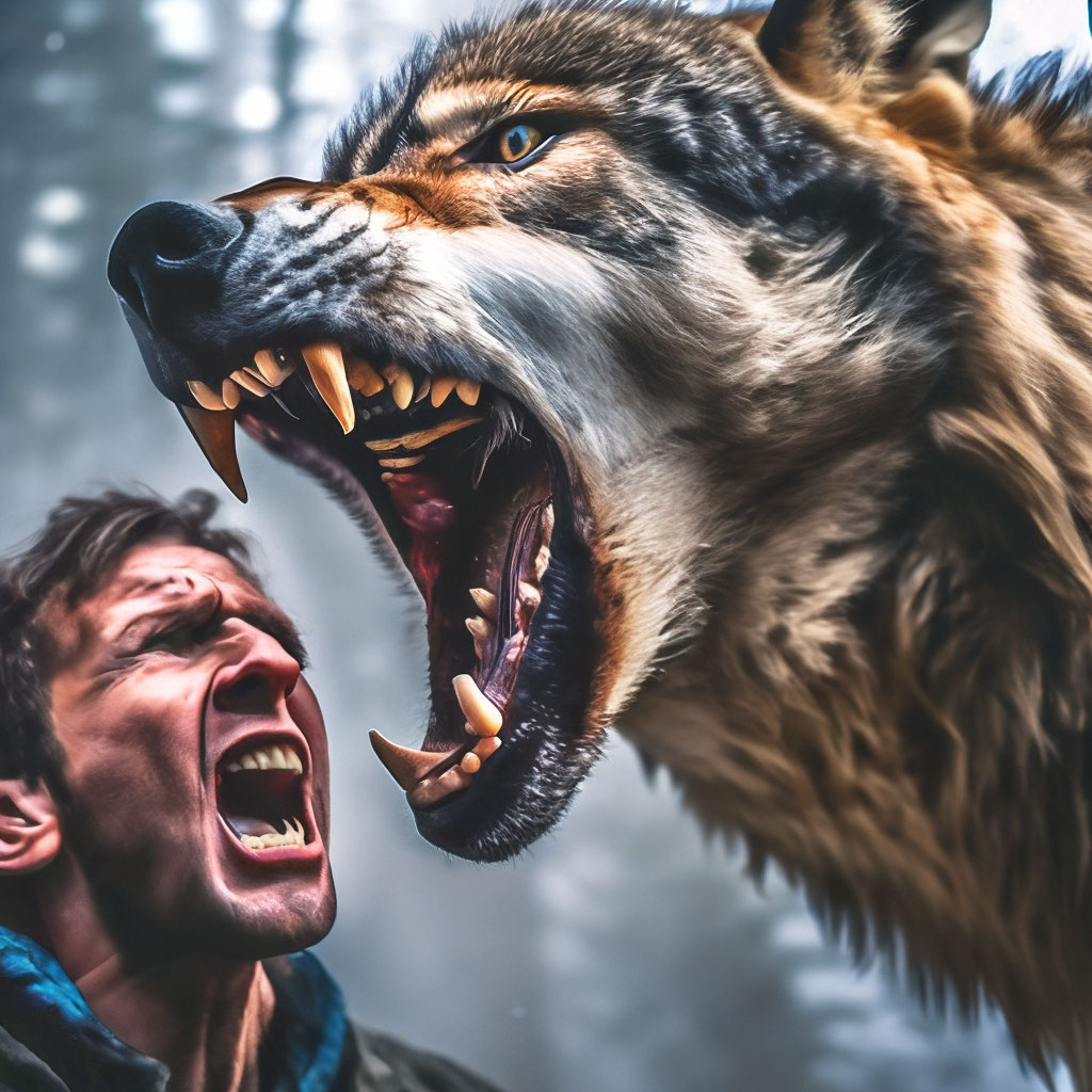 "A man screams right in the face of a giant wolf growling at him ...