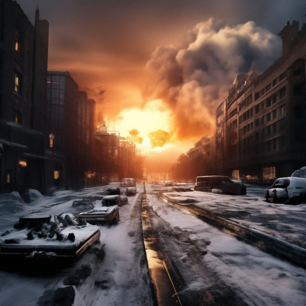 "Winter apocalypse radioactive waves explosions snow" — image created ...