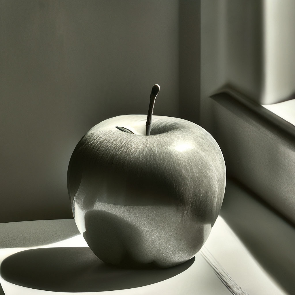 "Apple, high-contrast chiaroscuro" — image created in Shedevrum
