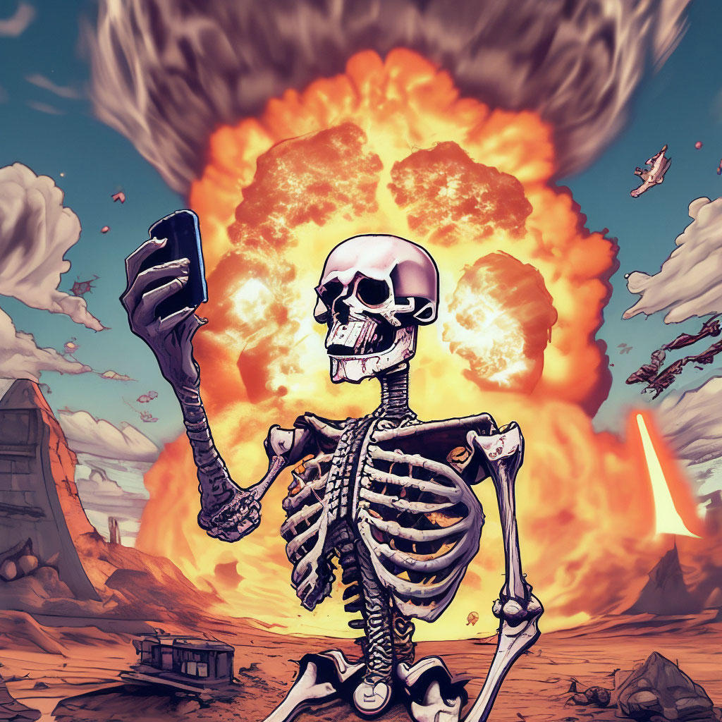 "Skeleton takes a selfie against the background of a nuclear explosion ...
