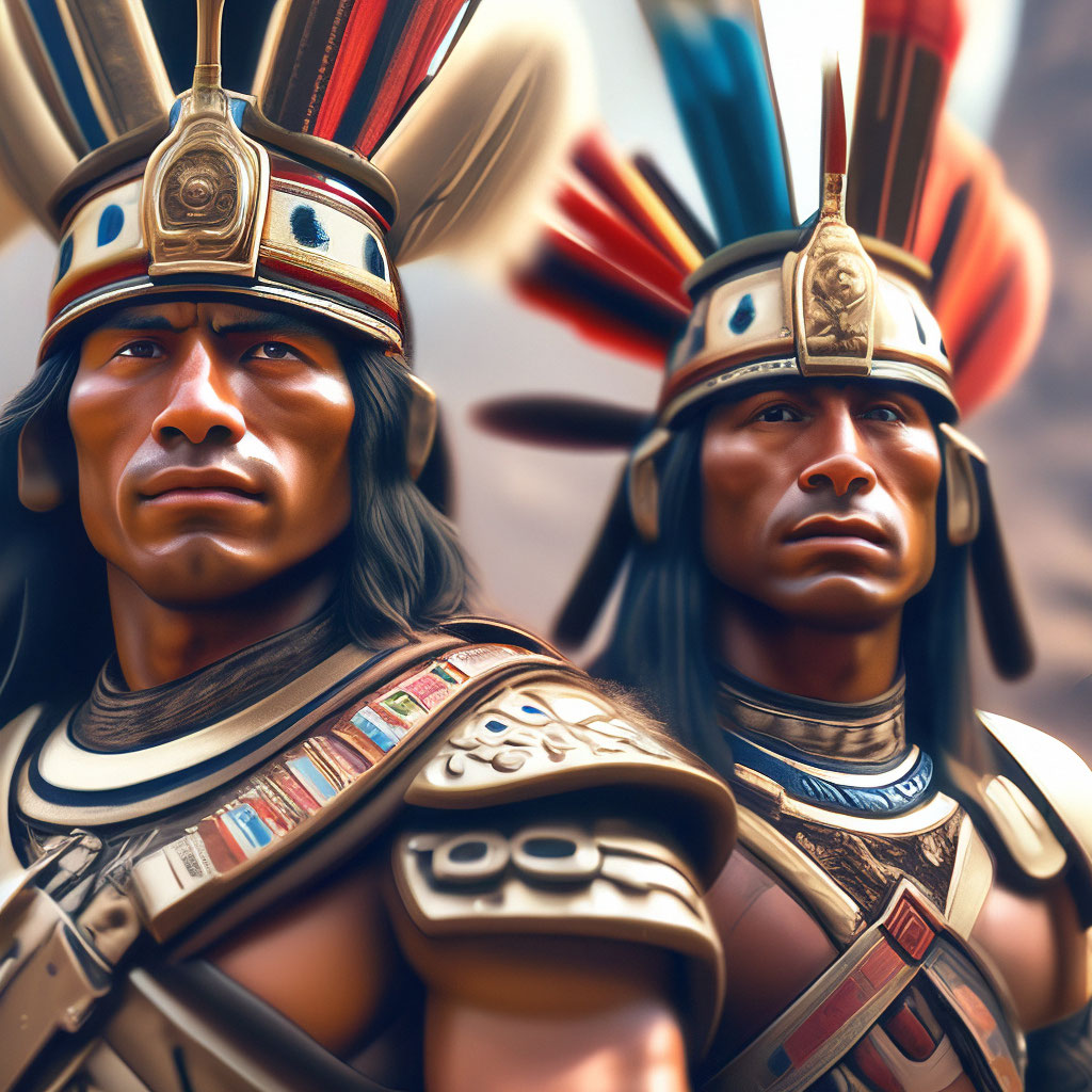"Two brave Inca warriors, aesthetically pleasing, beautiful, realistic ...