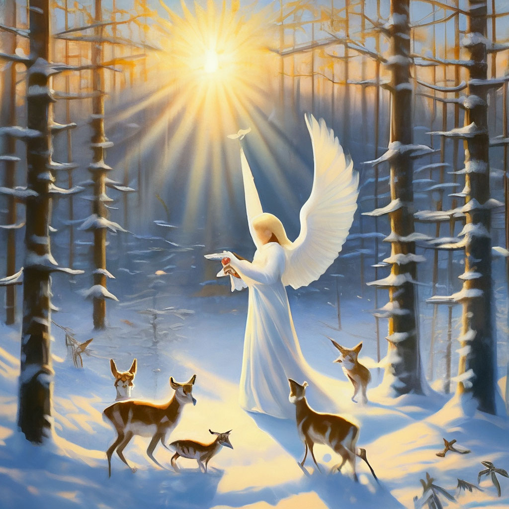 "A sunny Christmas in a snowy forest. angel with a halo, decorated ...