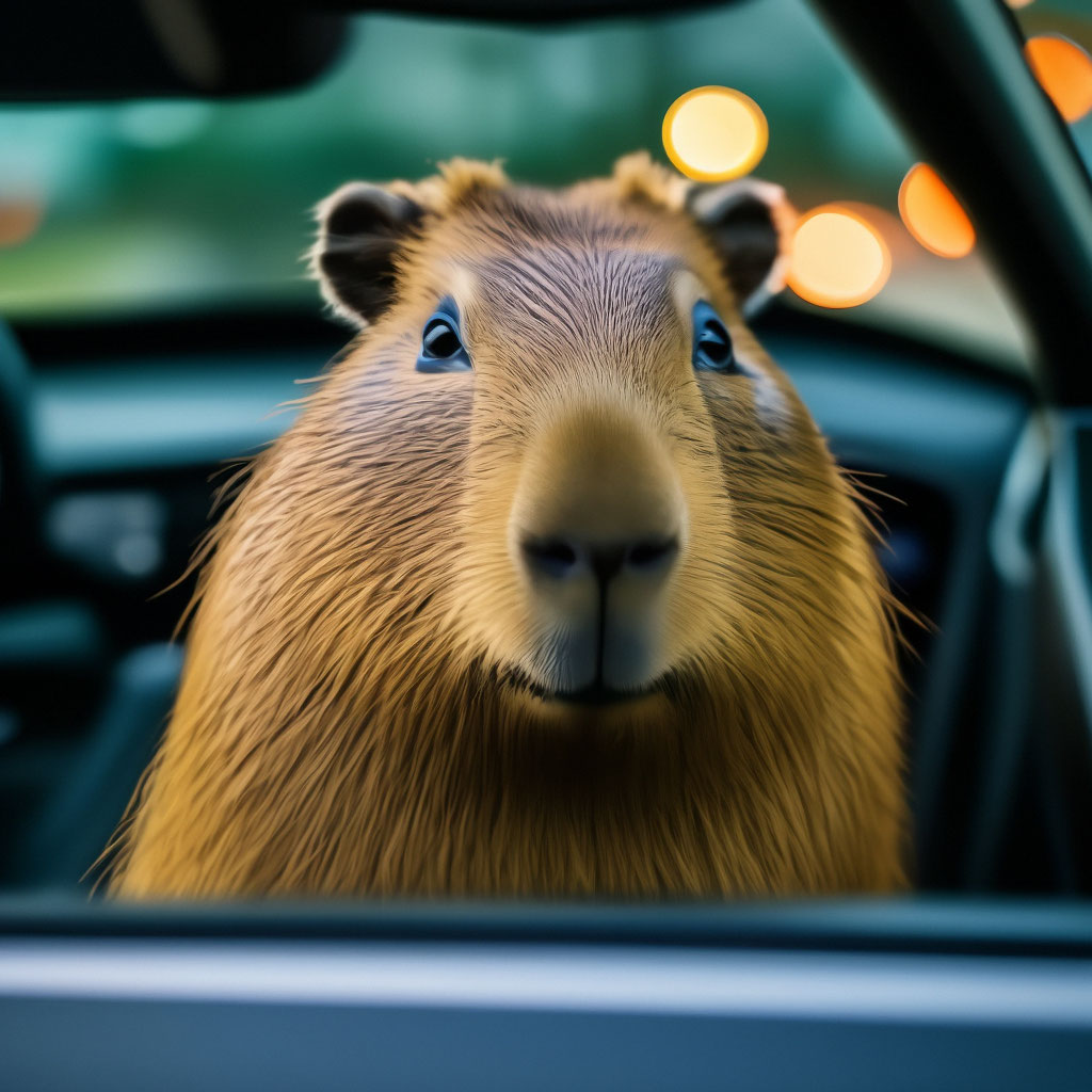 "A capybara that rides in a car at night" — image created in Shedevrum
