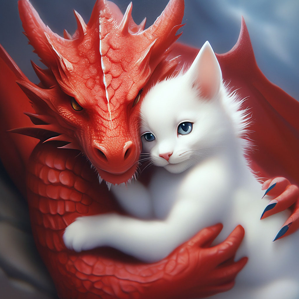 "A red dragon hugs a white kitten" — image created in Shedevrum