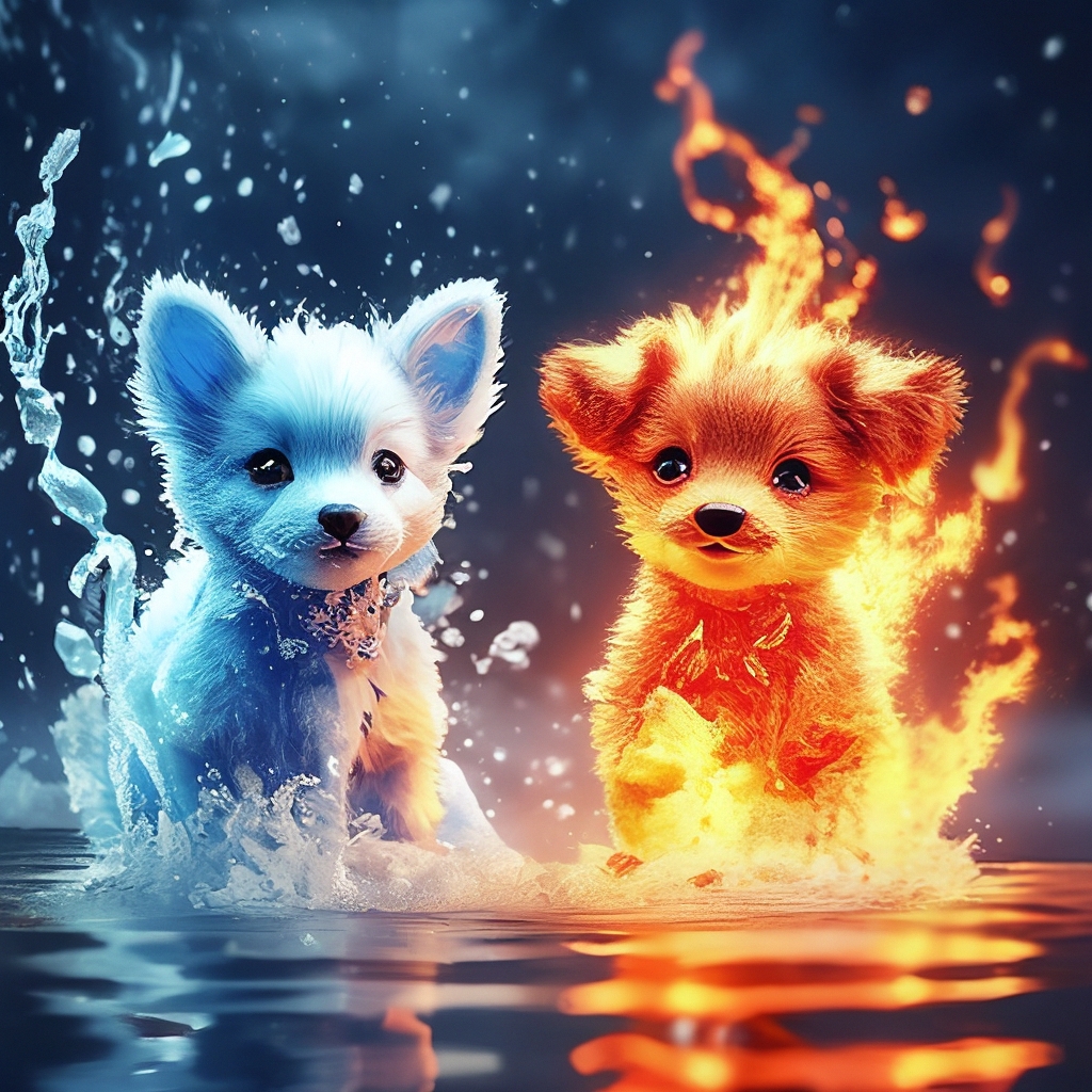 "Water puppy and fire puppy" — image created in Shedevrum