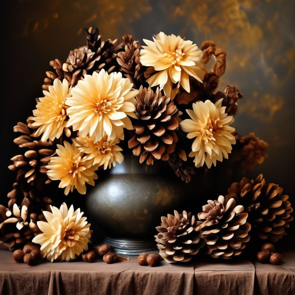 "Still-life. Cones and flowers yellow-brown tone" — image created in ...