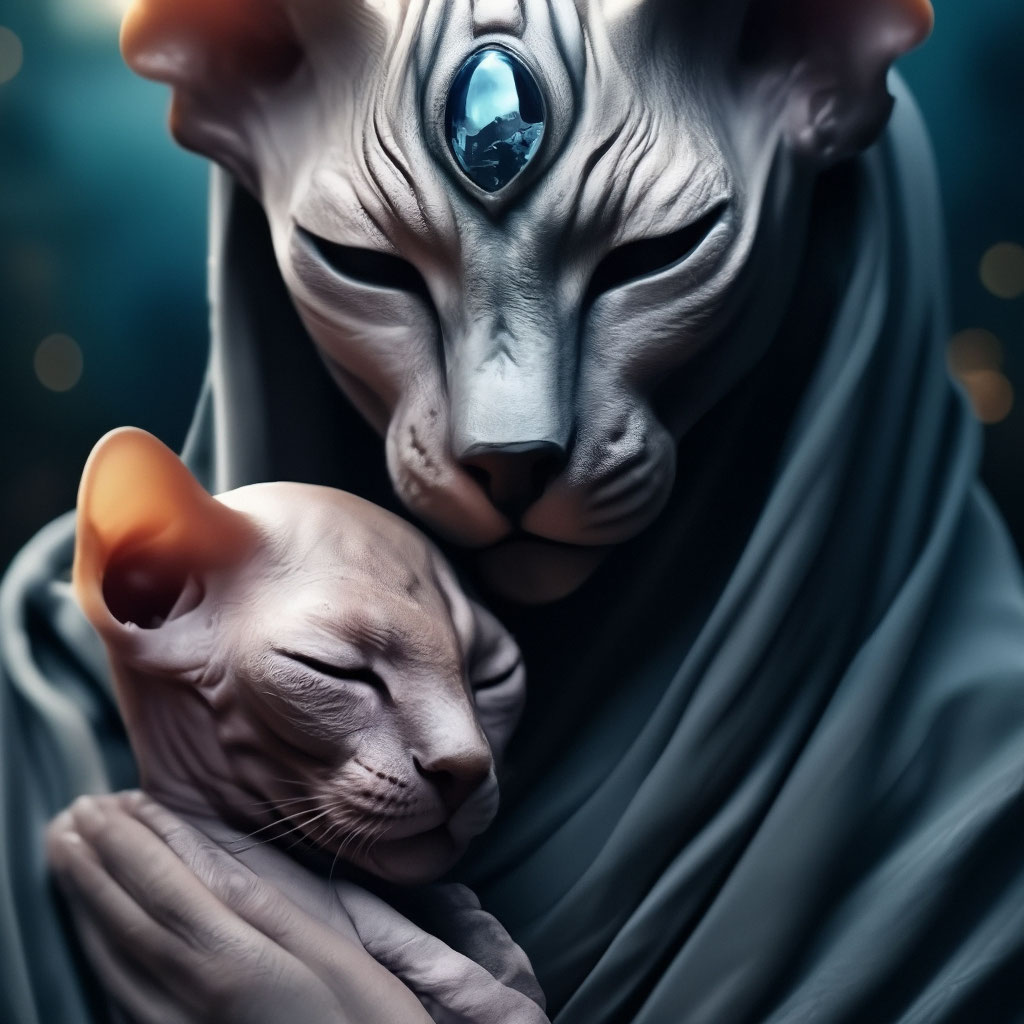 "The sphinx cat falls asleep and cradles her newborn. dark fantasy ...