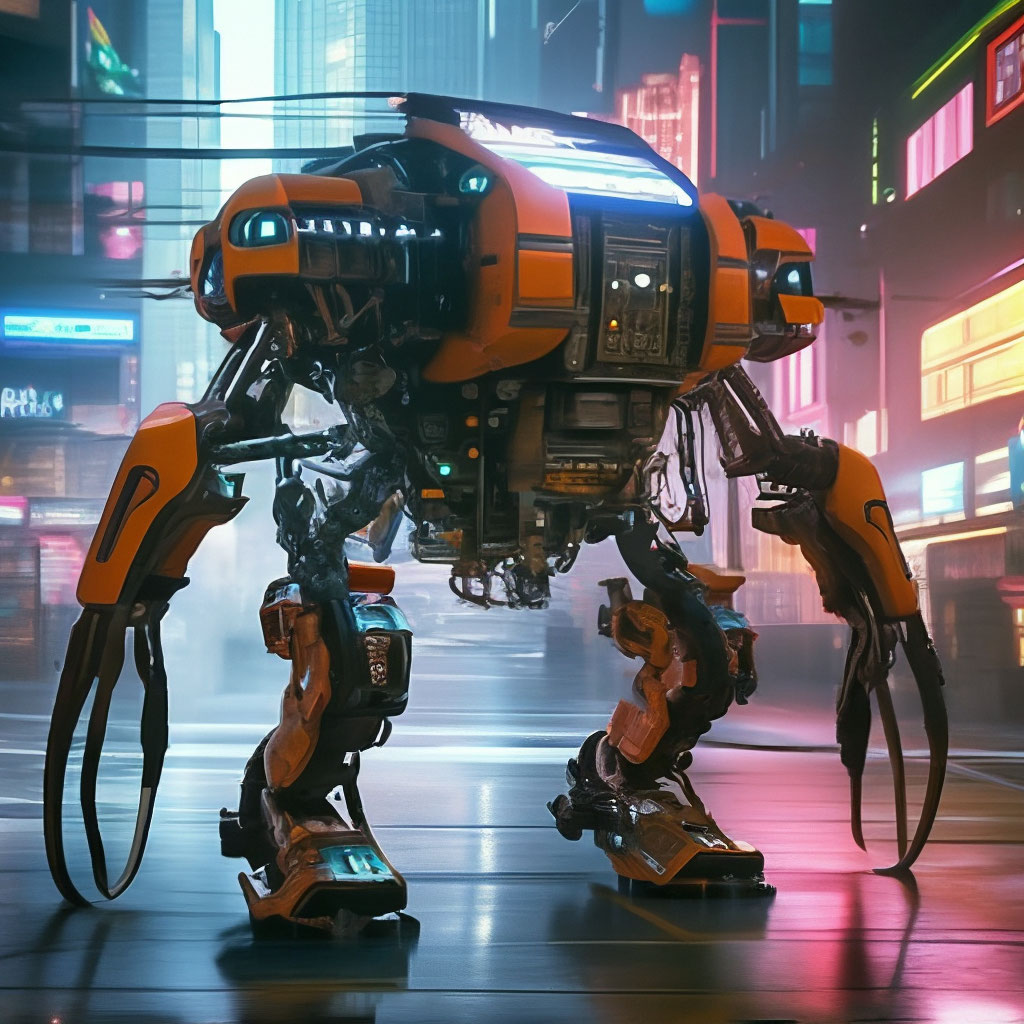 "A walking mechanism from cyberpunk" — image created in Shedevrum
