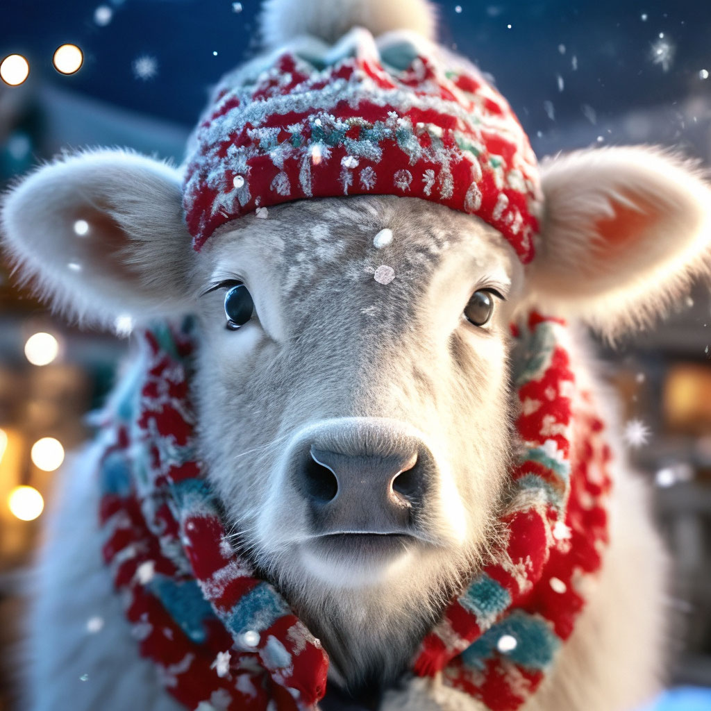 "Small fluffy cow close-up, sweater, hat with pompom, fur coat ...