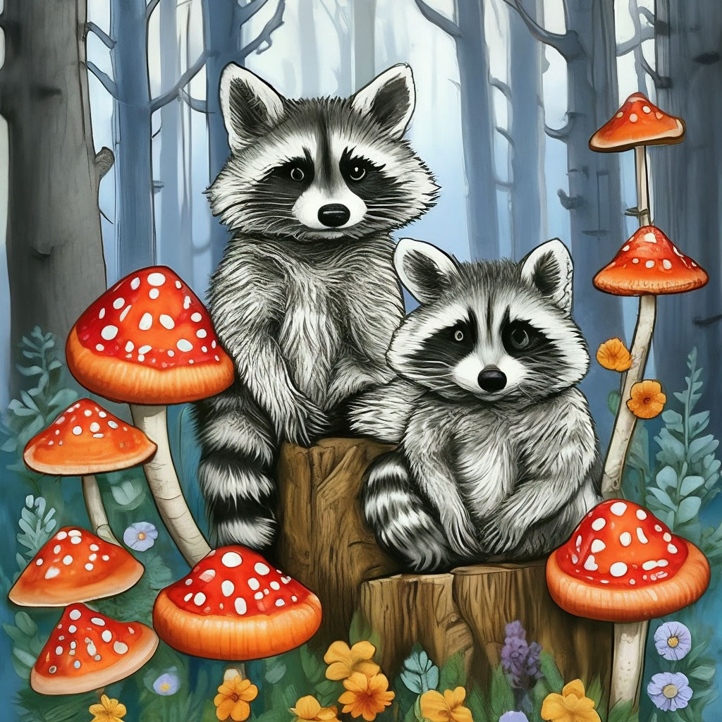 "Drawing line art two raccoons in a forest clearing holding fly agarics ...