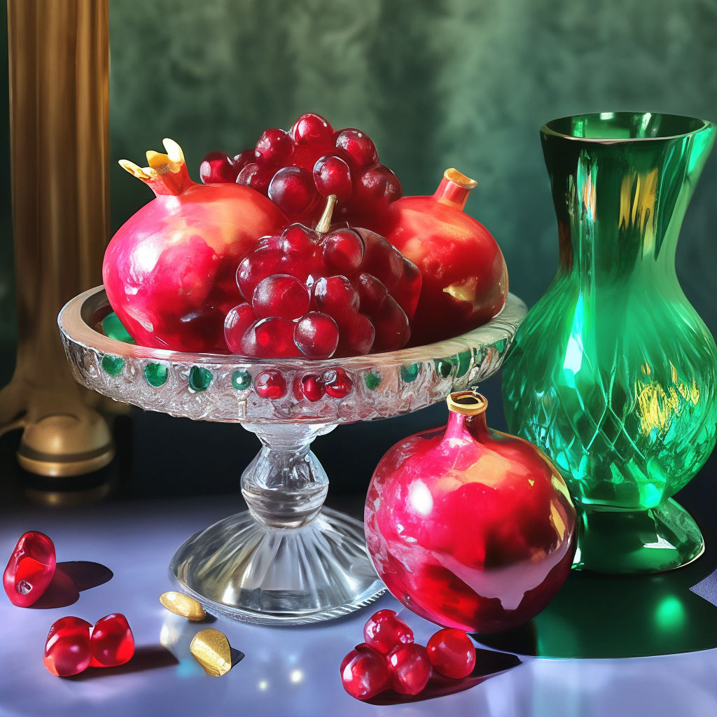 "Crystal pomegranate fruit with ruby stones, crystal banana, emerald ...