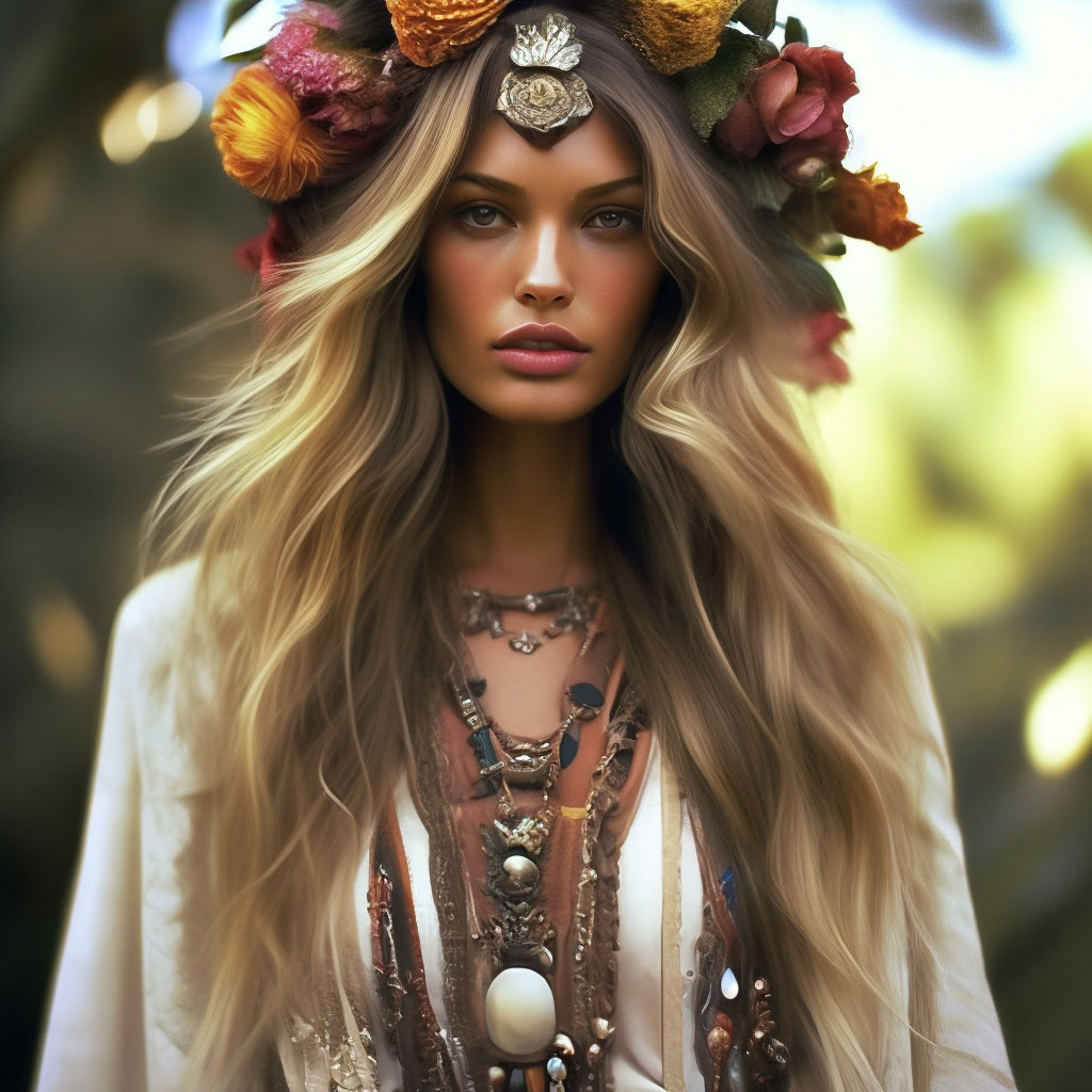 "Fashion model+beautiful, bohemian" — image created in Shedevrum