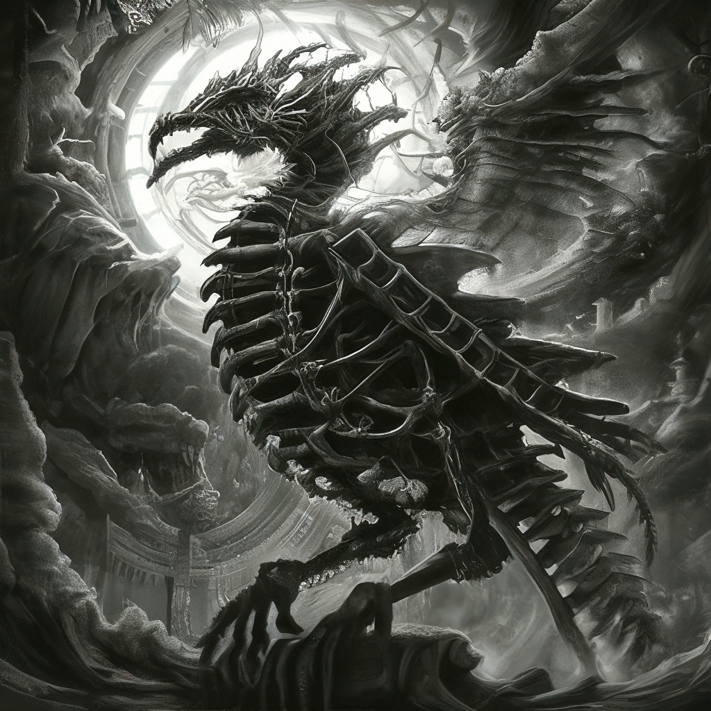 "Skeleton of the firebird occultism, darkness, scary, gloomy, horror ...