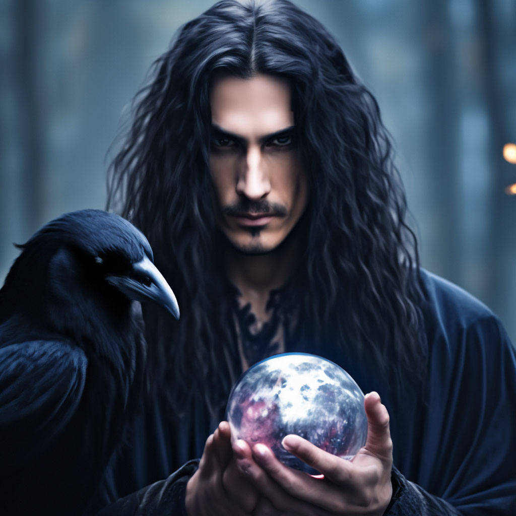"Psychic guy with long black hair, raven, magic ball" — image created ...