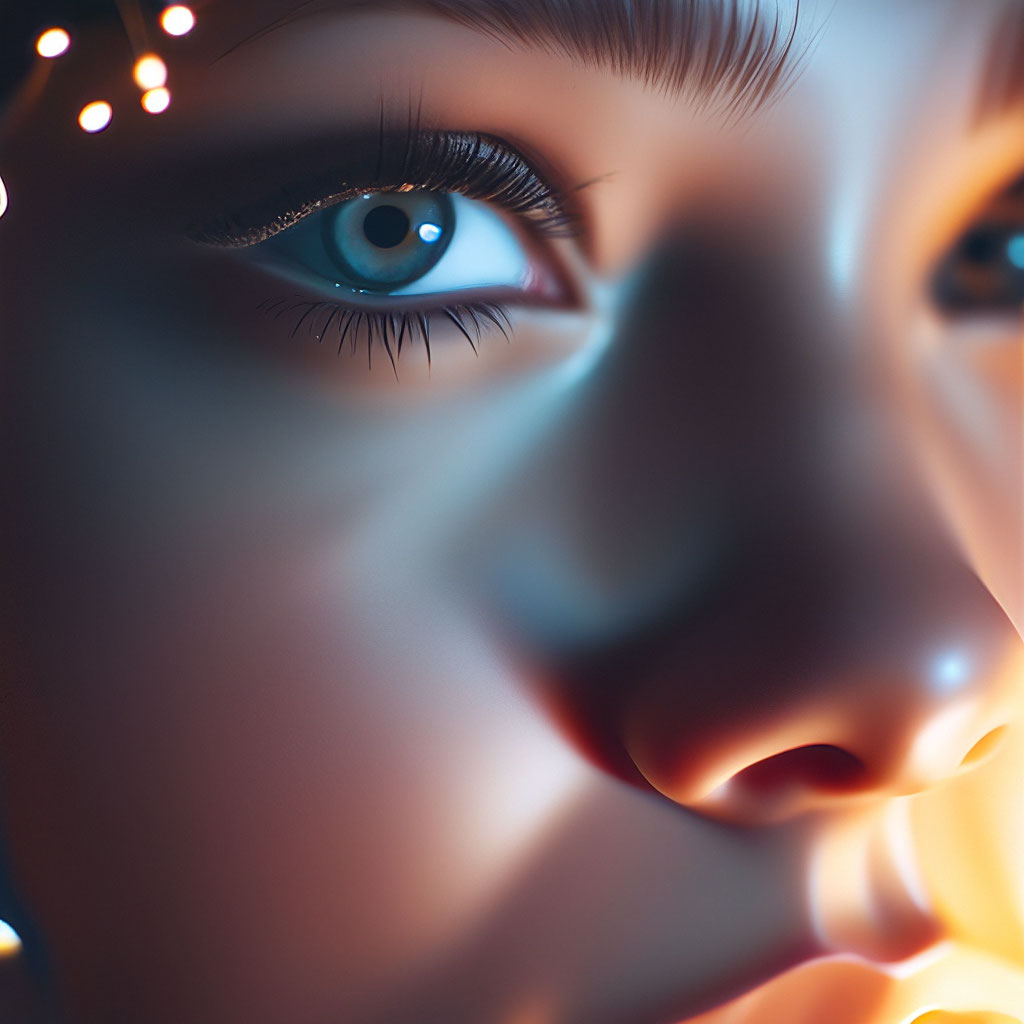 "Close-up of a female face with bright lights" — image created in Shedevrum