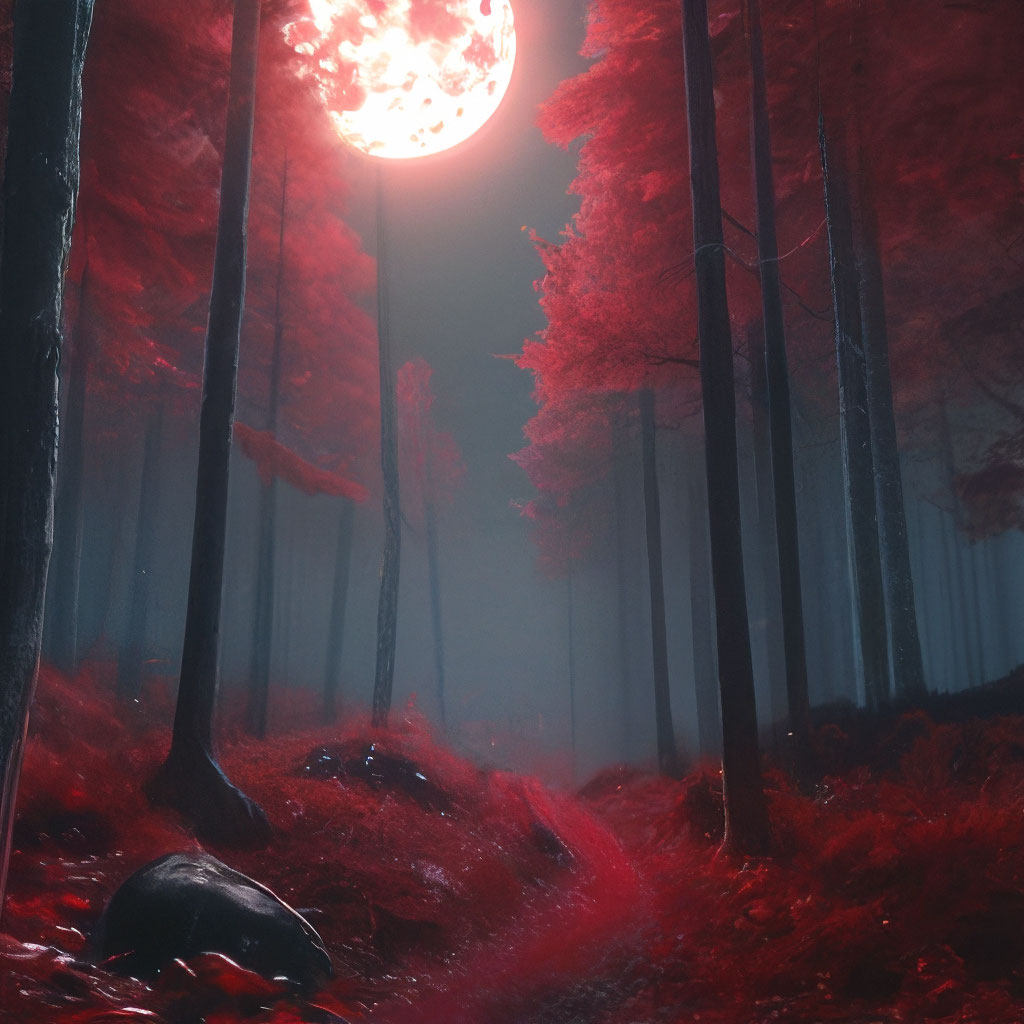 "Red forest, red moon, darkness, realistic, high resolution, 4k, high ...
