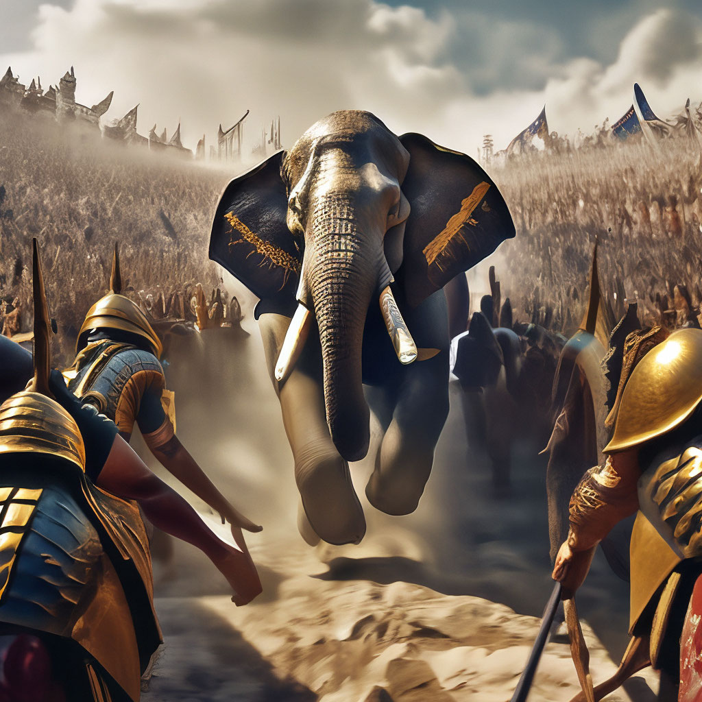 "Battle scene, elephants of the Carthaginians rush to the formation of ...