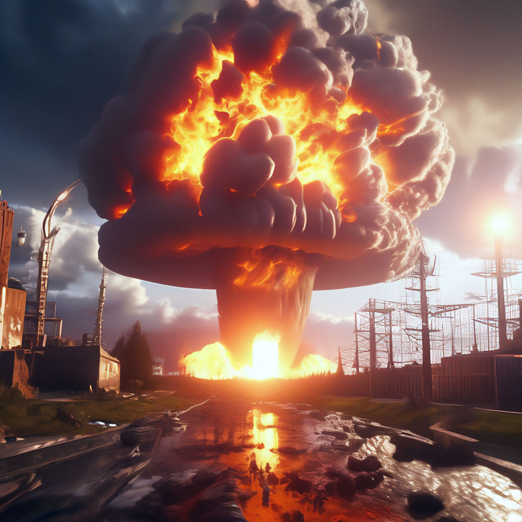 "Huge nuclear explosion, render, hyperrealism, epic, fire, 16k ...