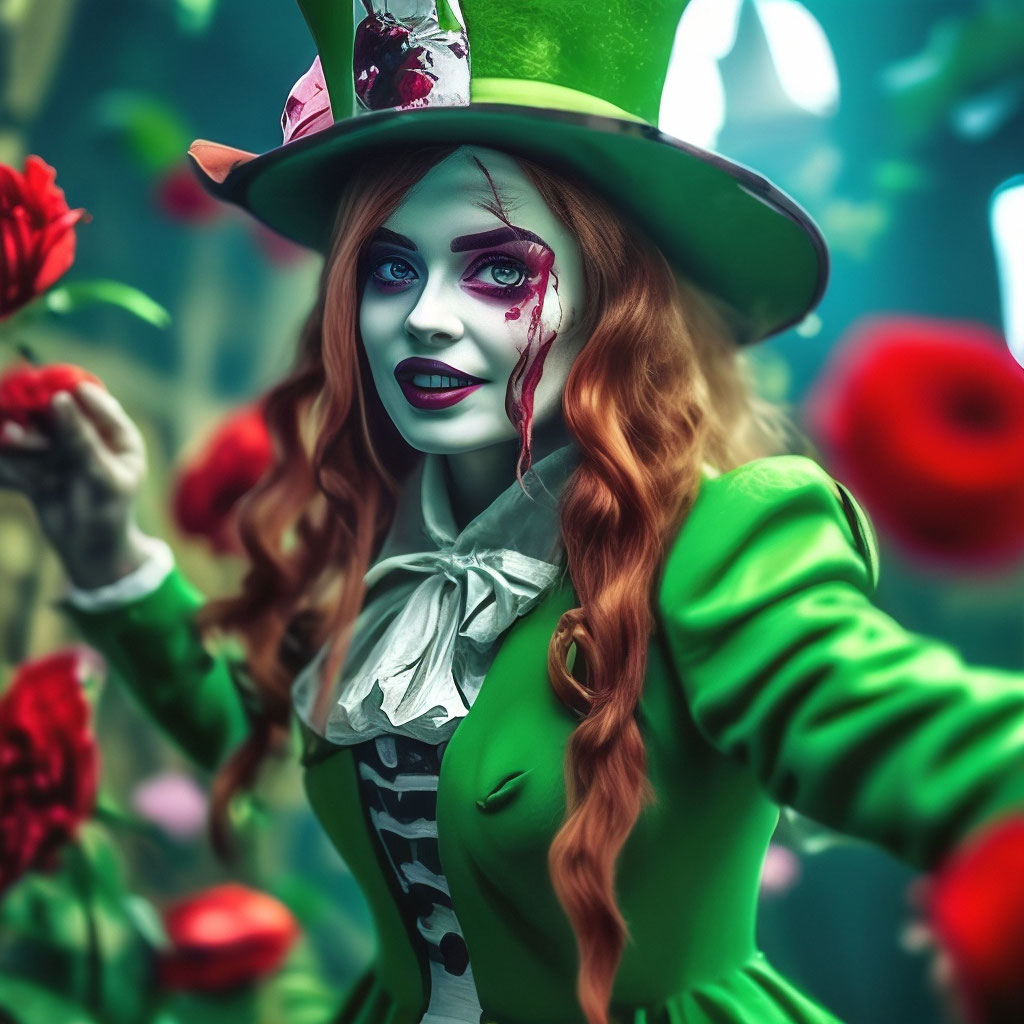 "Cosplay Alice from Wonderland in the image of a zombie, a hatter ...