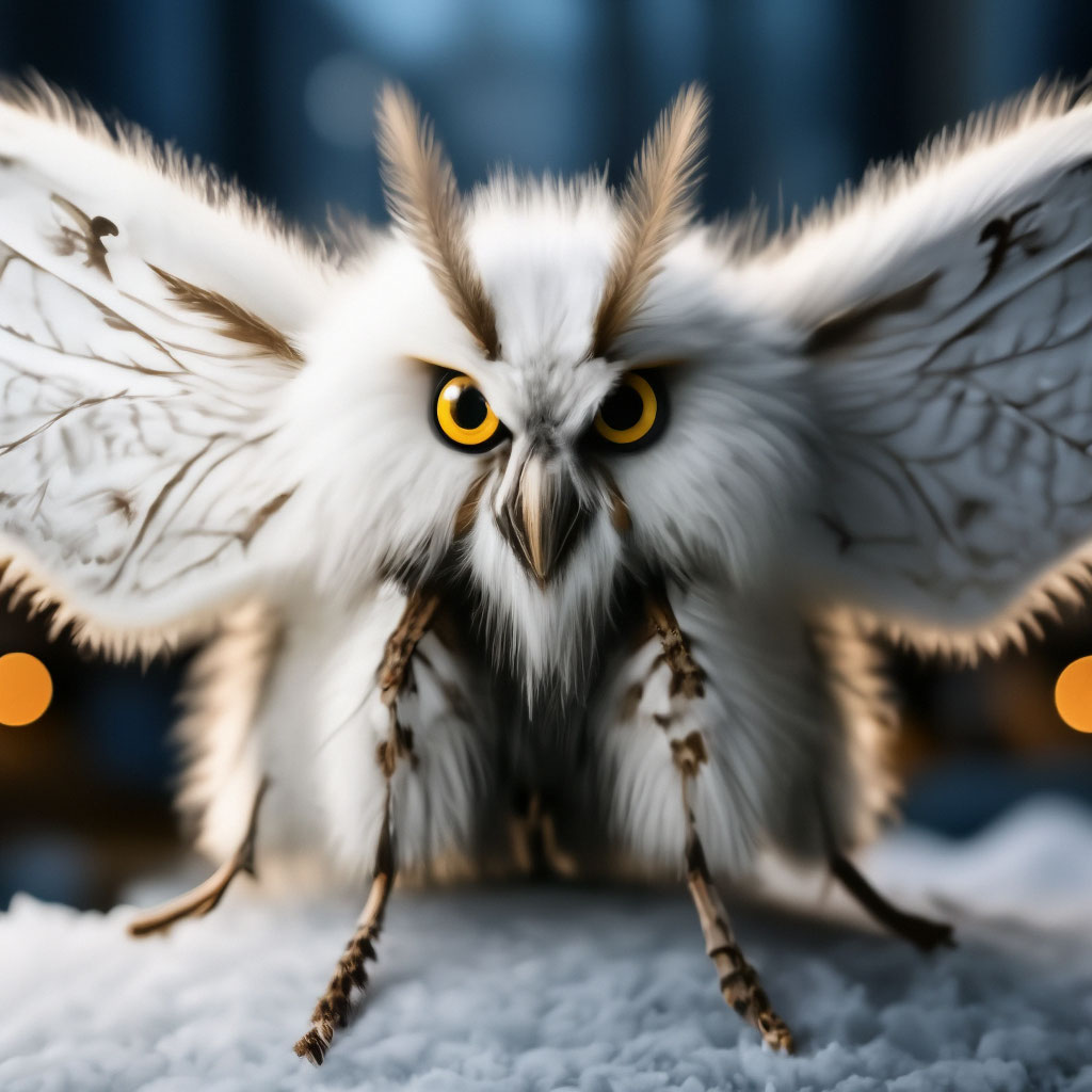""crearium" fluffy moth on snow-white snow, white moth with the head of ...