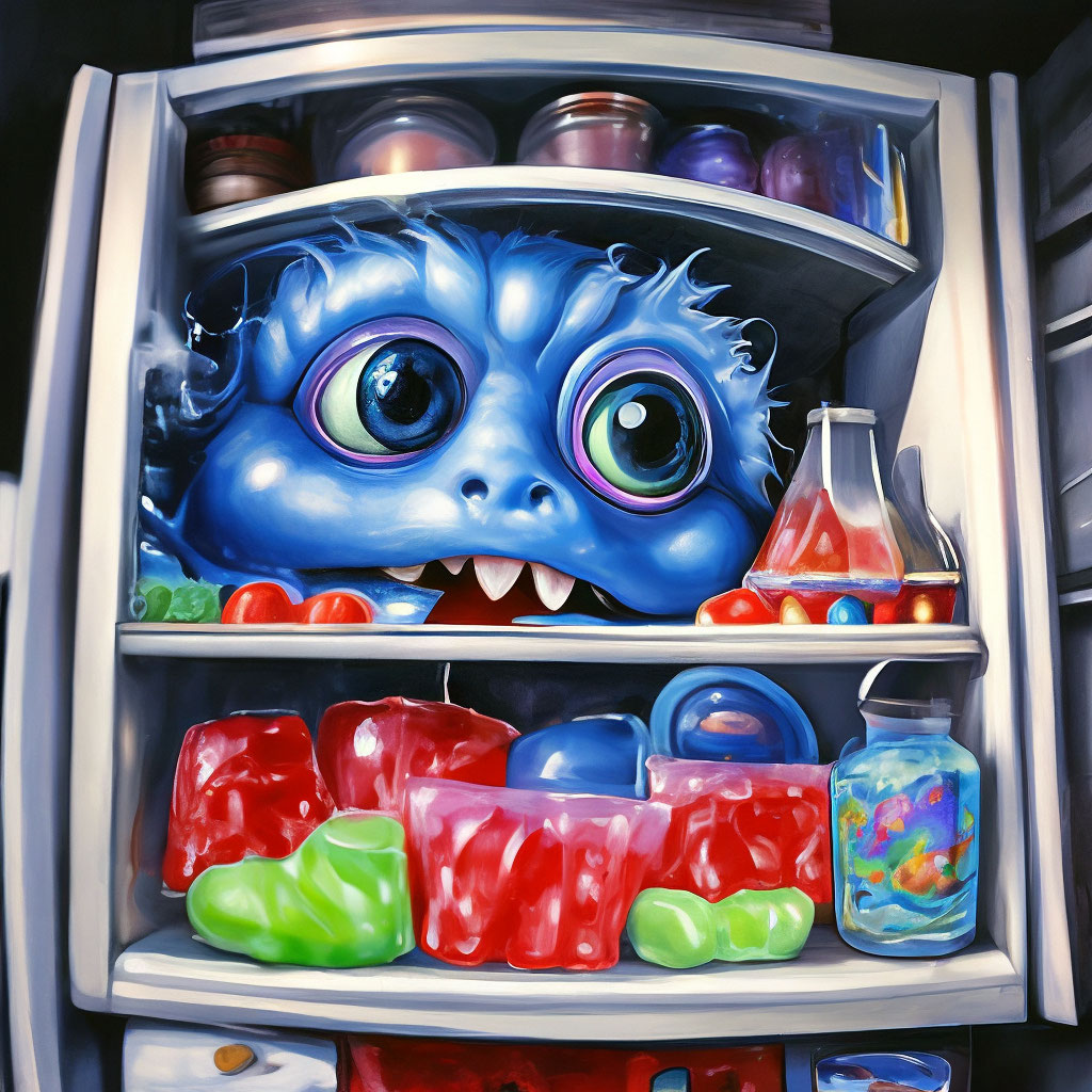 "Jelly monster in the Refrigerator at night, acrylic drawing black and ...